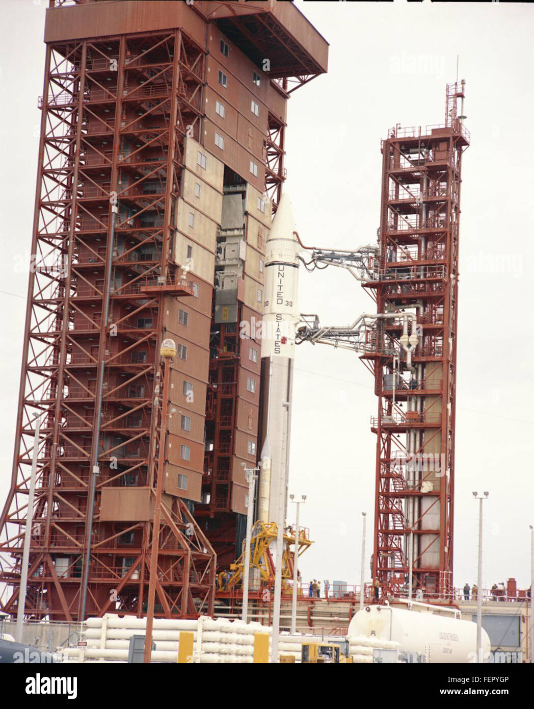 A detailed image of the Atlas Centaur 30 rocket prelaunch, capturing ...