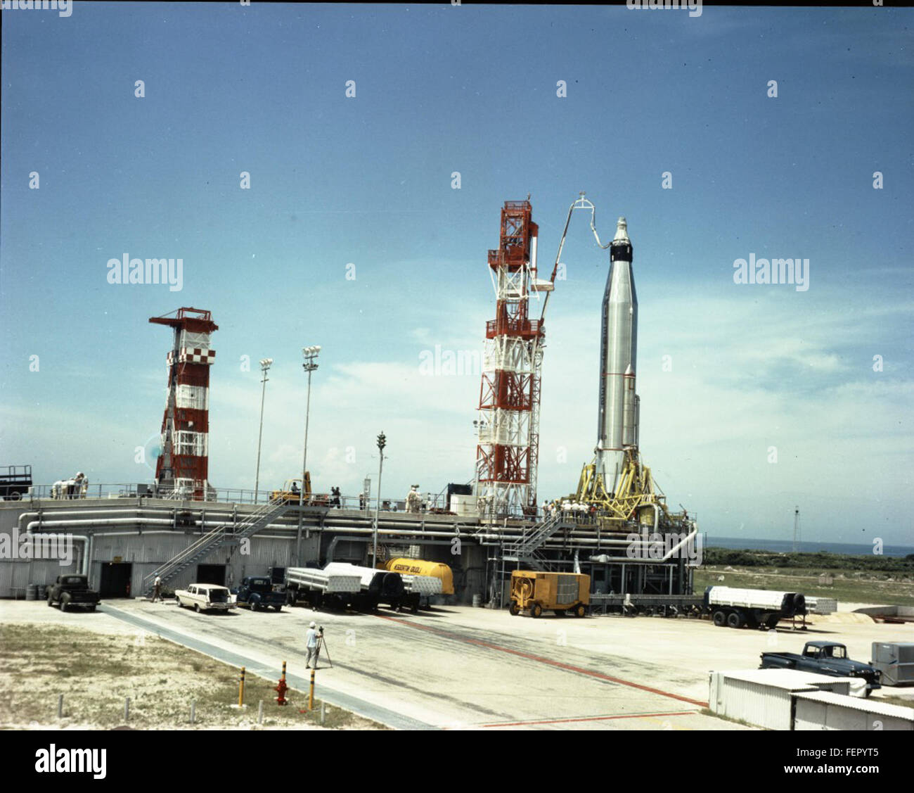 A static firing test of the Atlas 10D rocket, performed at Complex 14 ...