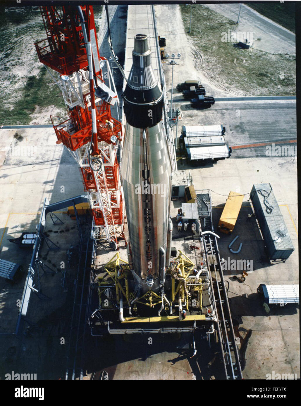 The Atlas 10D missile undergoes a static firing test at Complex 14, a ...
