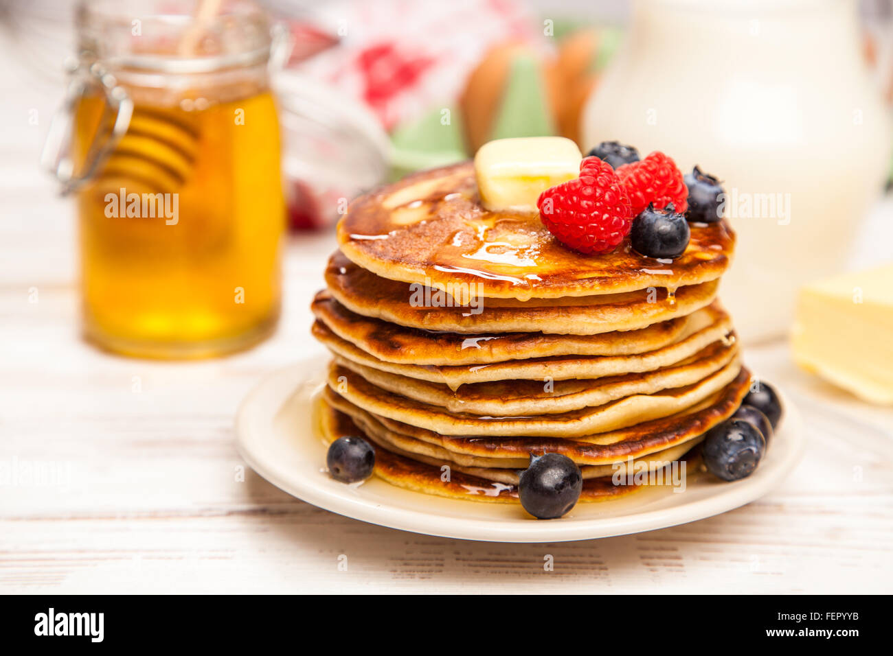 High pile of delicious pancakes Stock Photo - Alamy