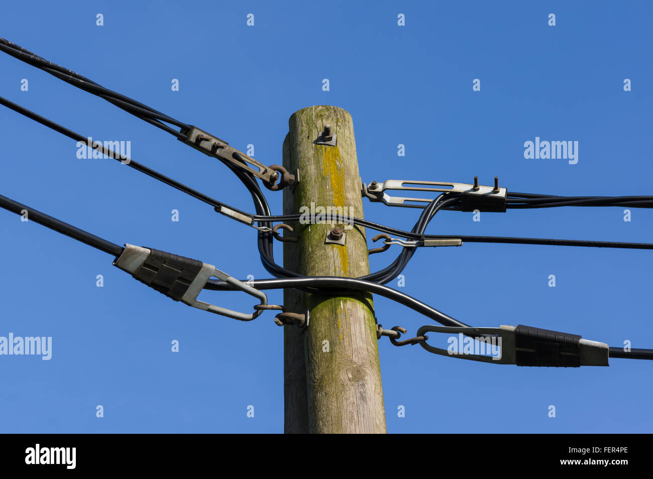 old wooden electricity post against blue sky Stock Photo - Alamy