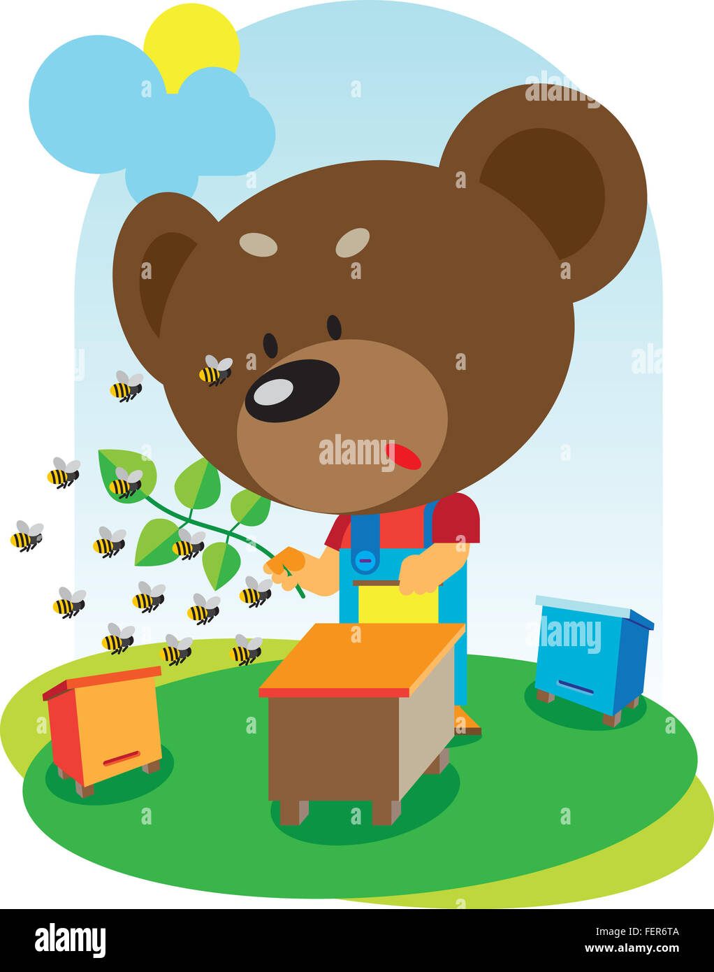 Little Bear standing near a beehive with bees Stock Photo - Alamy