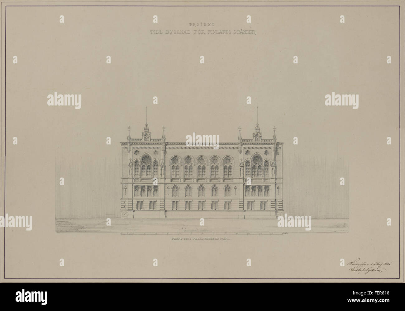 A pencil drawing of the facade of the House of the Estates, an ...