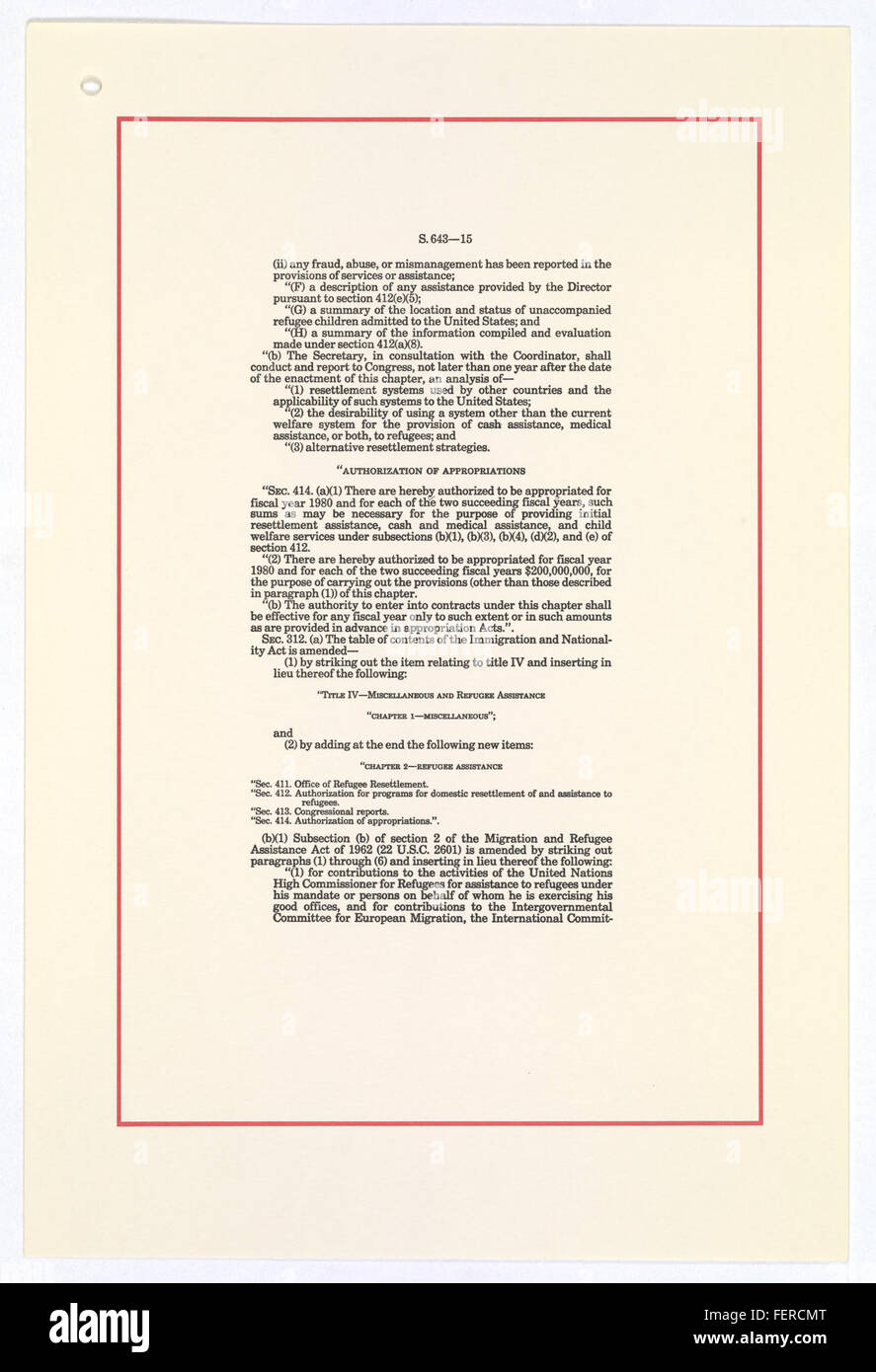 A document page from The Refugee Act of 1980, detailing U.S ...