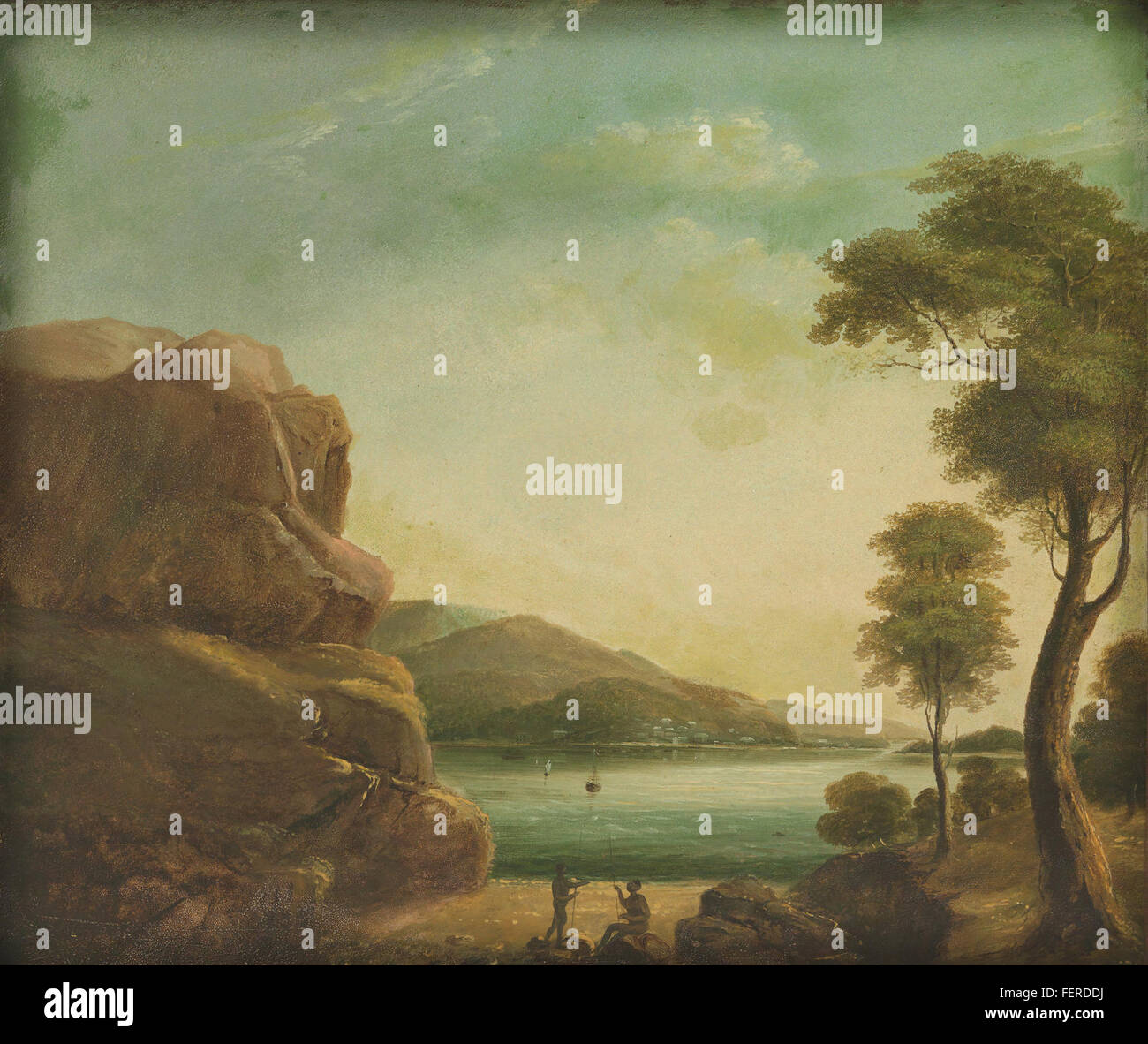 An 1838 painting by W. Buelow Gould depicting an Aboriginal river scene ...