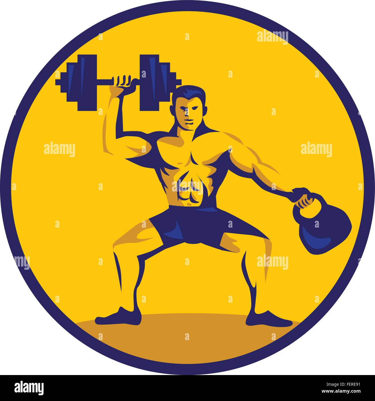 Illustration of an athlete weightlifter lifting kettlebell with one ...