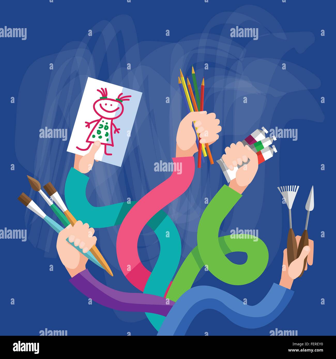Group Hands Holding Painting Brush Paint Color Art Stock Vector Image ...