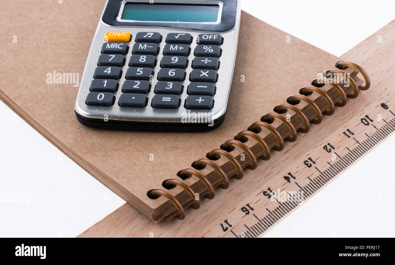 Calculator, ruler, notebook on white background Stock Photo - Alamy
