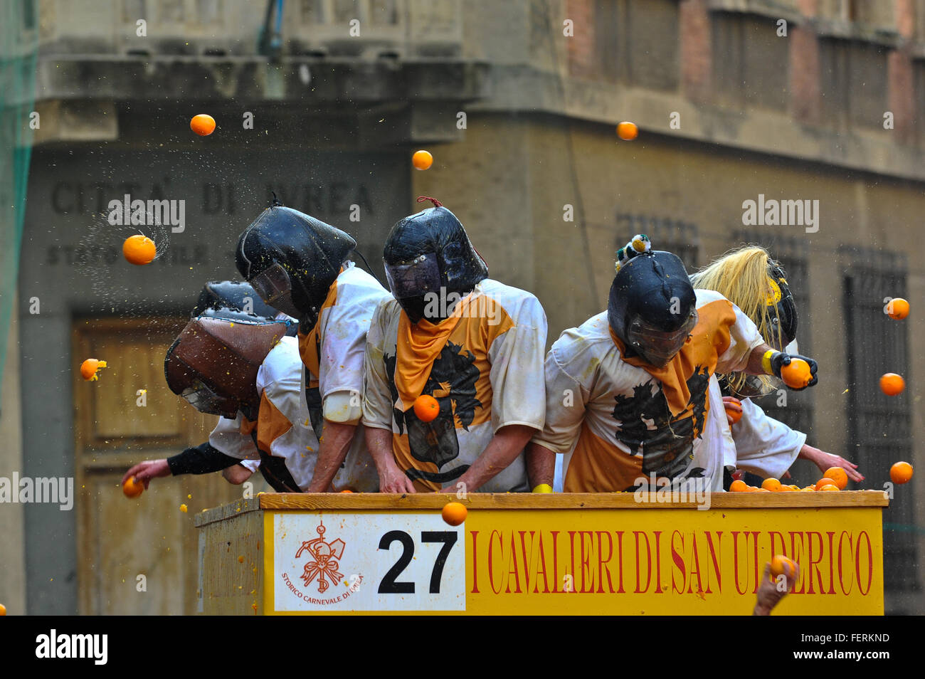 Ivrea, Italy. February 8th, 2016. Scene from Battle of the Oranges at ...
