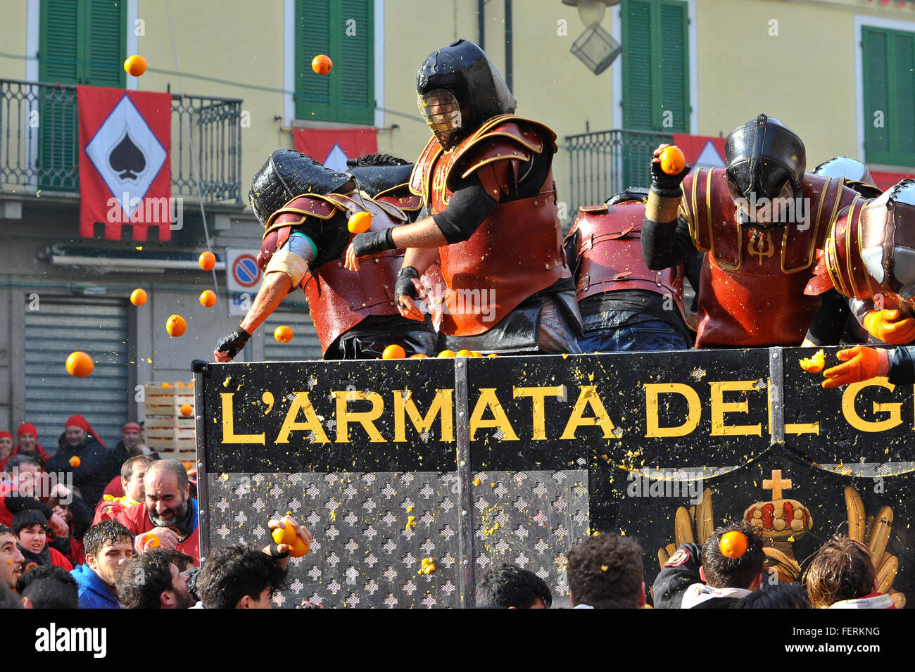 Ivrea, Italy. February 8th, 2016. Scene from Battle of the Oranges at ...