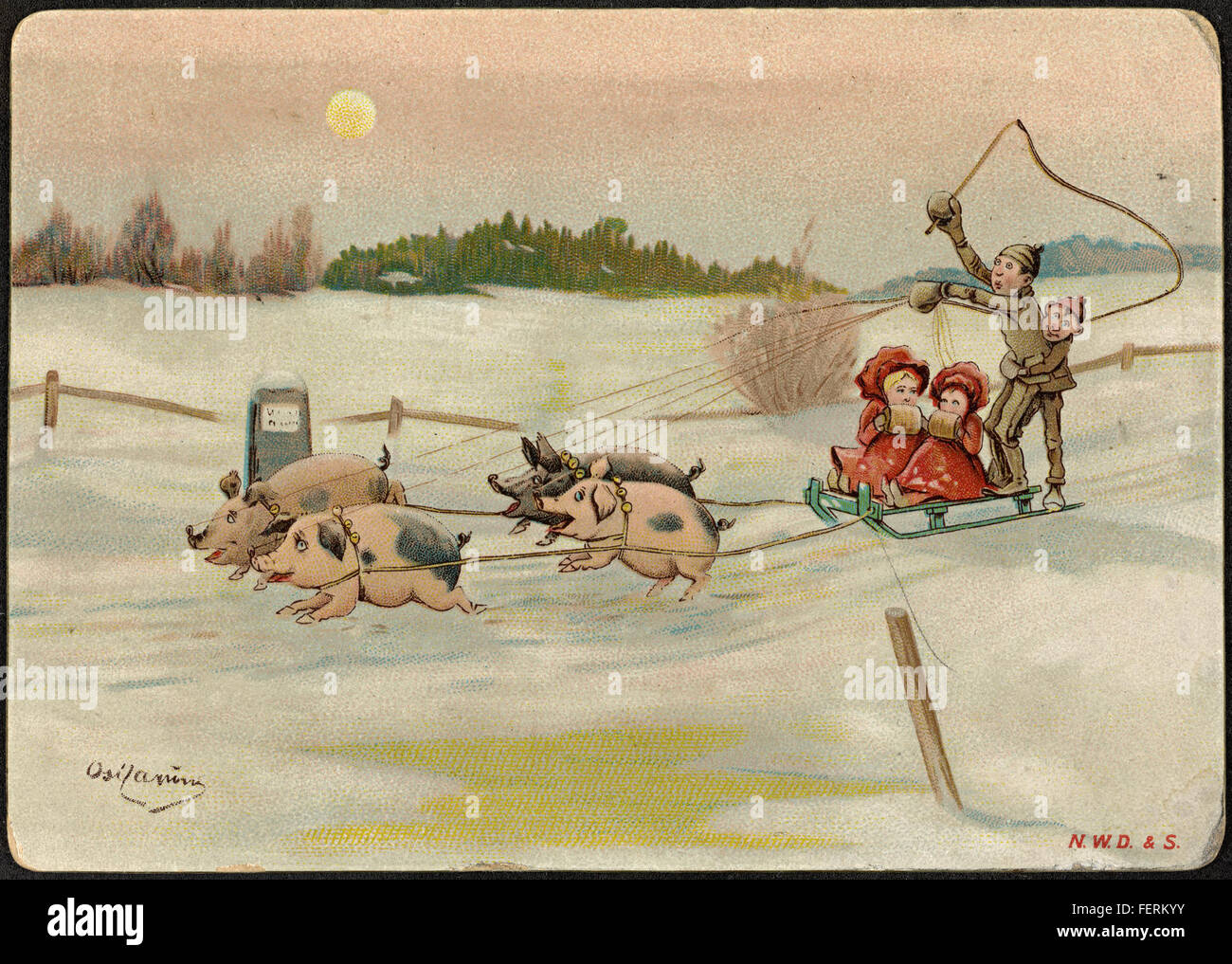 A Christmas card depicting a sled and a pig, part of the holiday ...