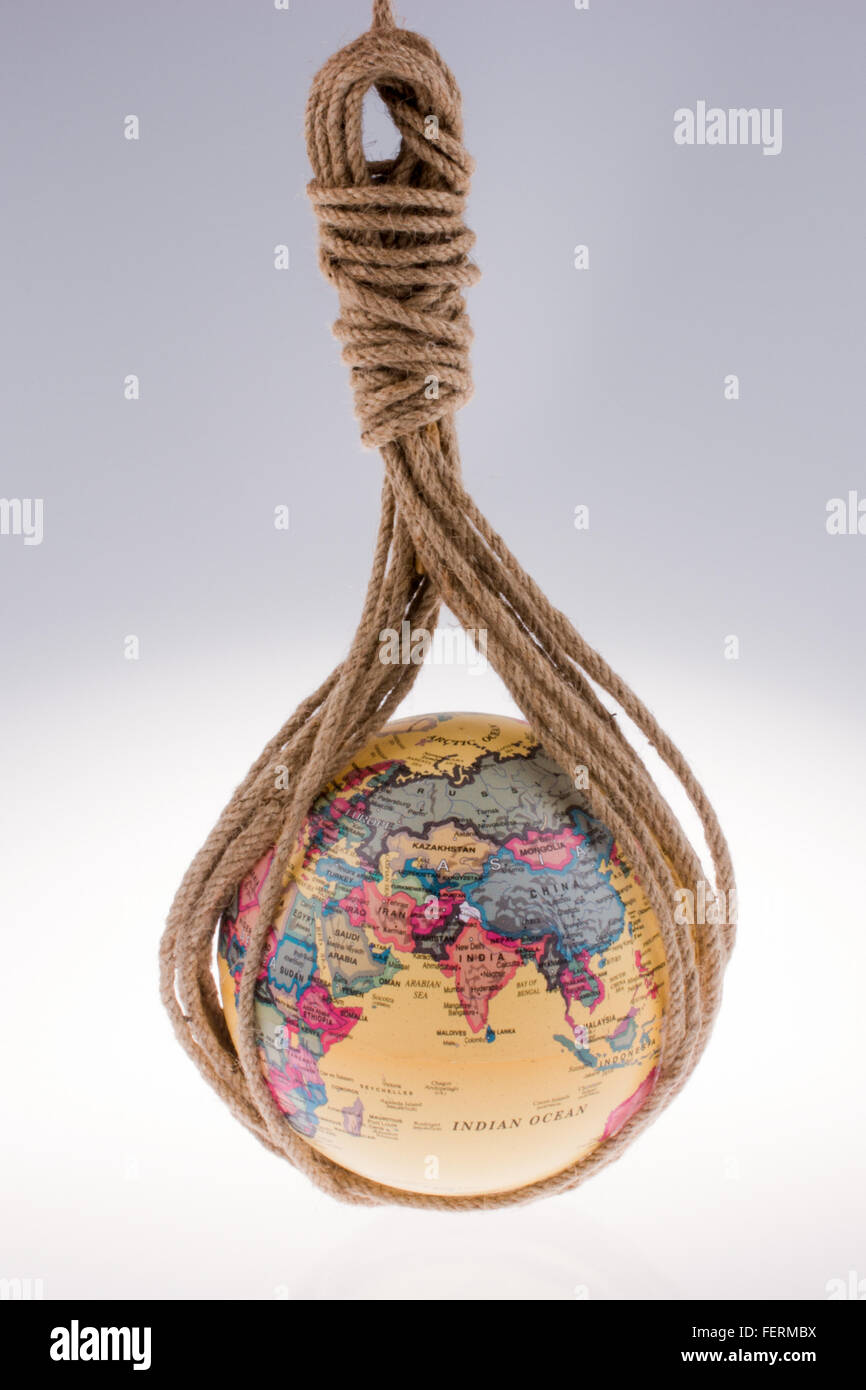 globe hanging in rope on white background Stock Photo - Alamy