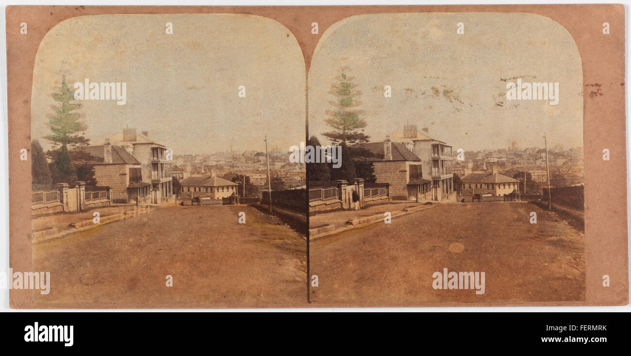 A hand-colored 1859 view of Bent Street, Sydney, from Phillip Street ...