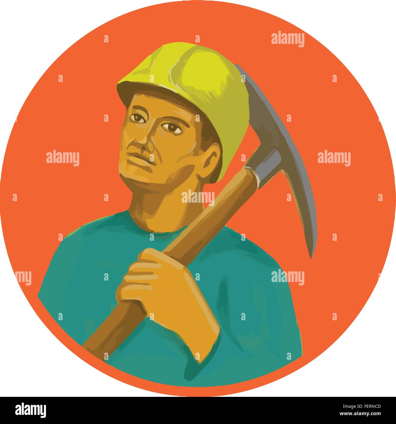 Watercolor style illustration of a coal miner wearing hardhat holding ...