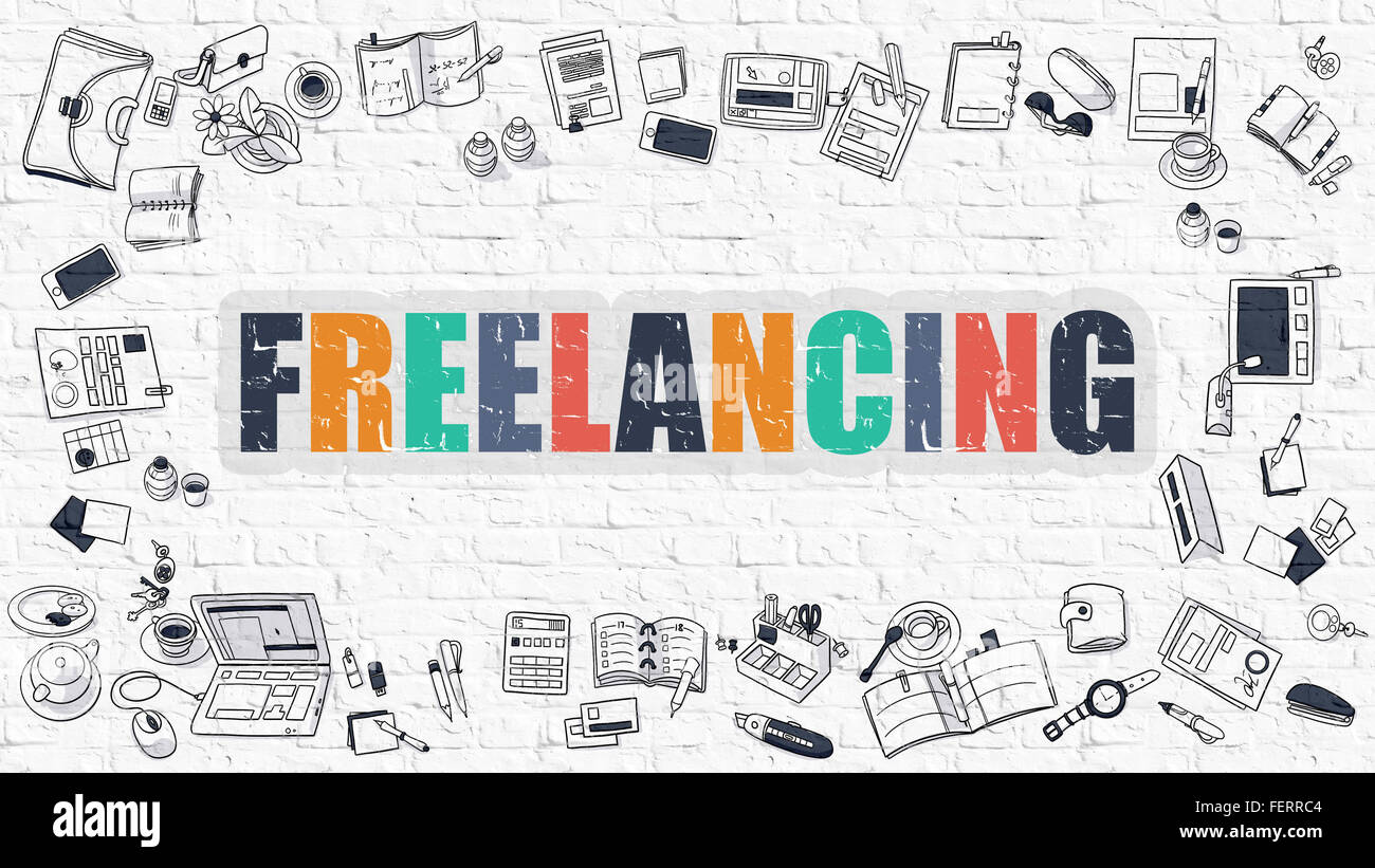 Multicolor Freelancing on White Brickwall. Doodle Style Stock Photo - Alamy