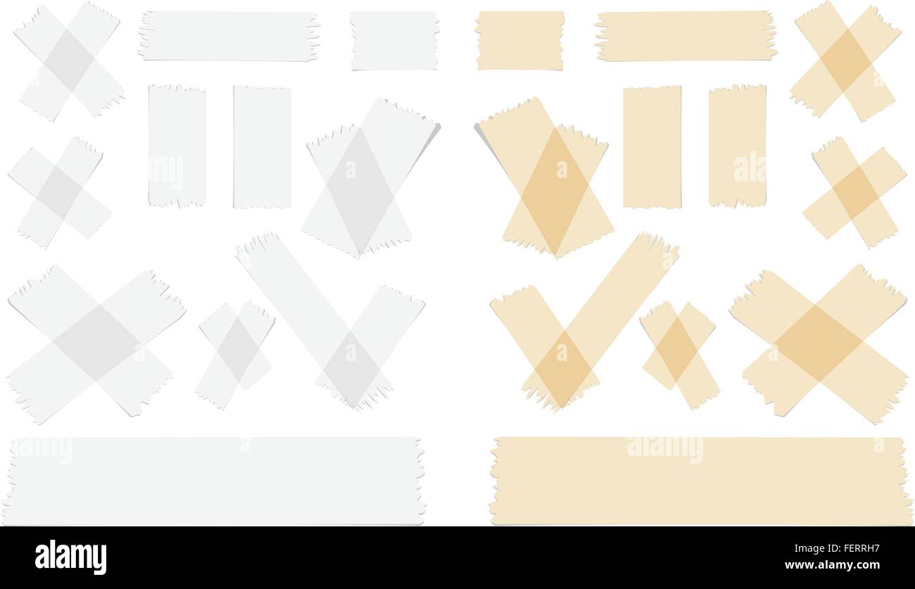 Symbols and different size sticky, adhesive tape pieces on white ...