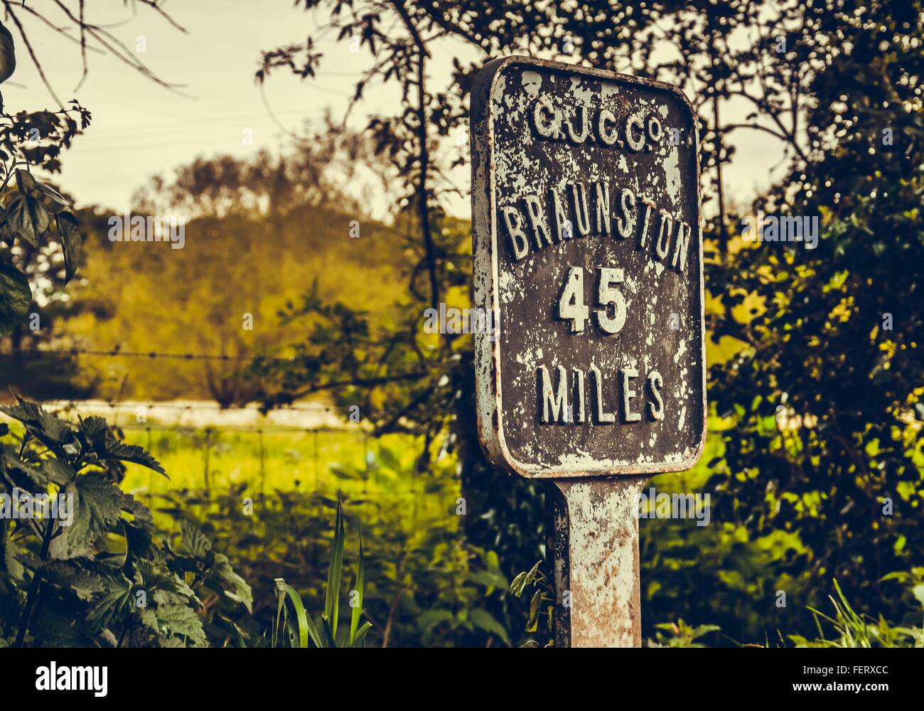 Road Sign Against Trees On Field Stock Photo - Alamy