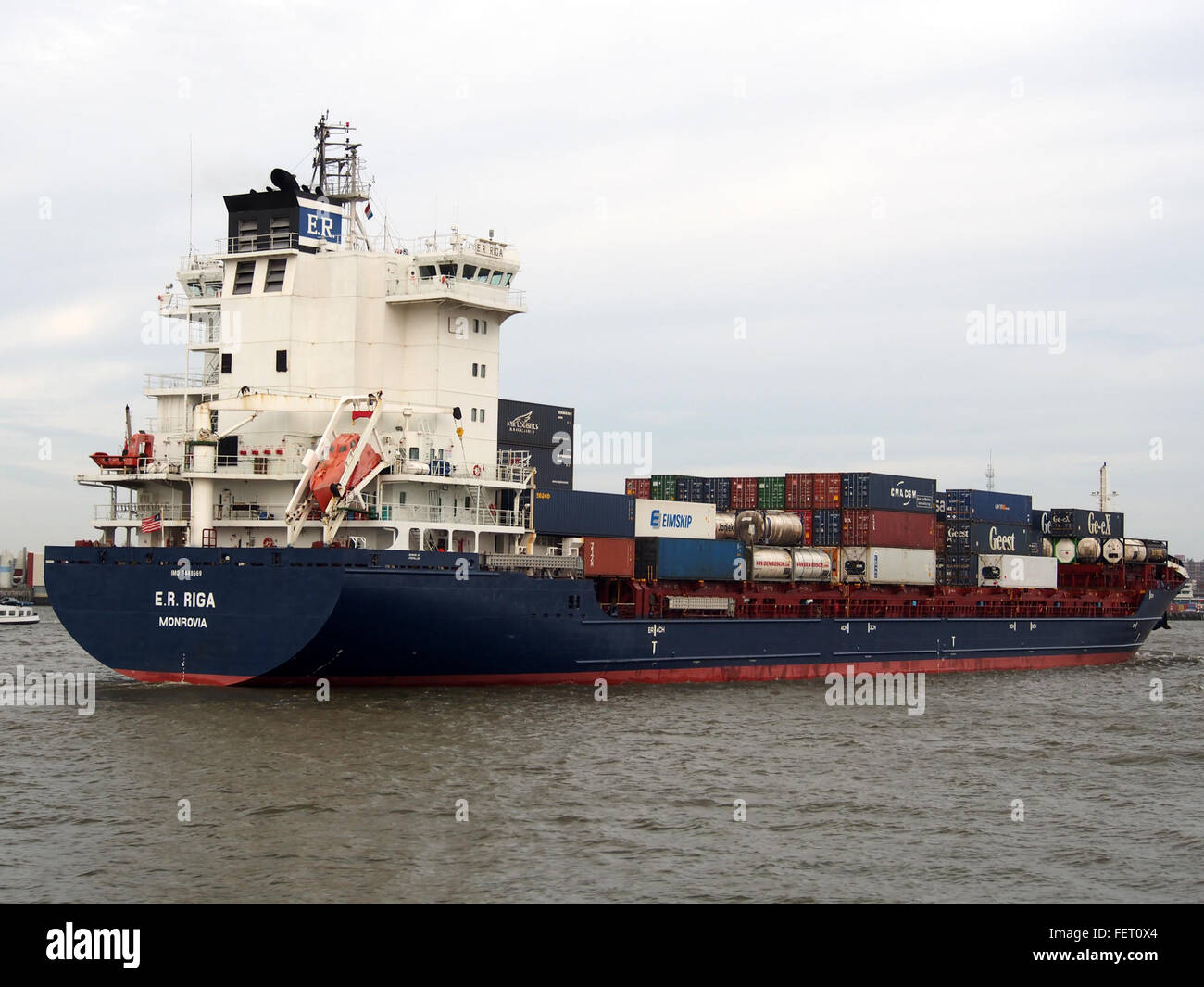 The ER Riga is a container vessel docked at the Port of Rotterdam, one ...