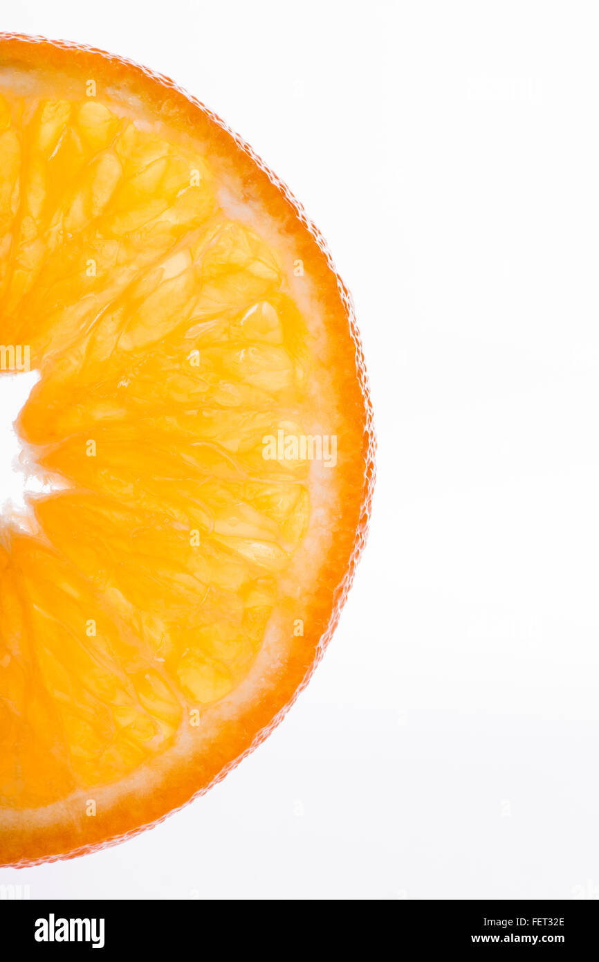 Close up shot of a thin orange slice on a white background. Taken in a ...