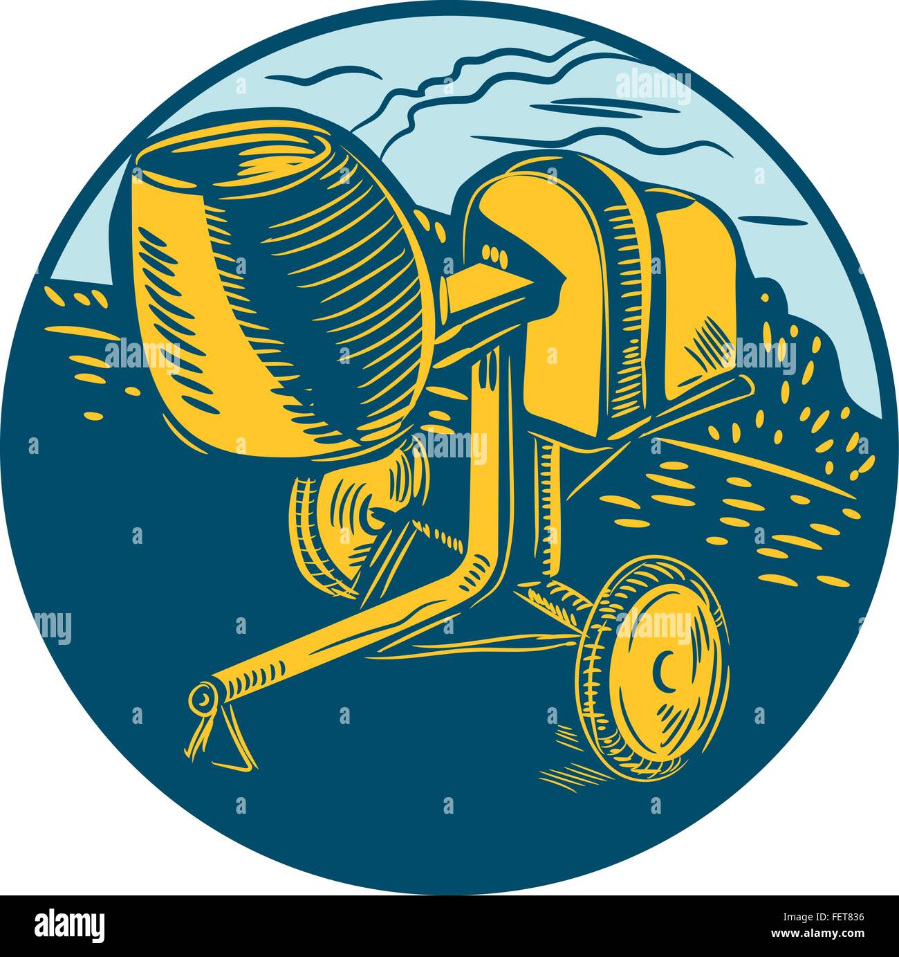 Illustration of a concrete cement mortar mixer set inside circle done ...