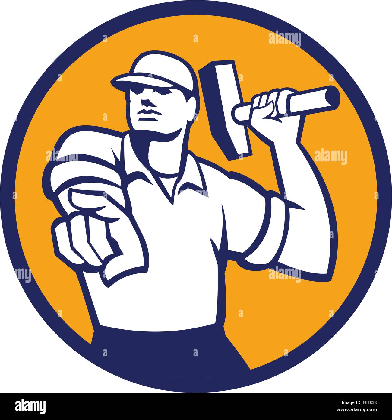 Illustration of a demolition worker wearing hat pointing holding hammer ...
