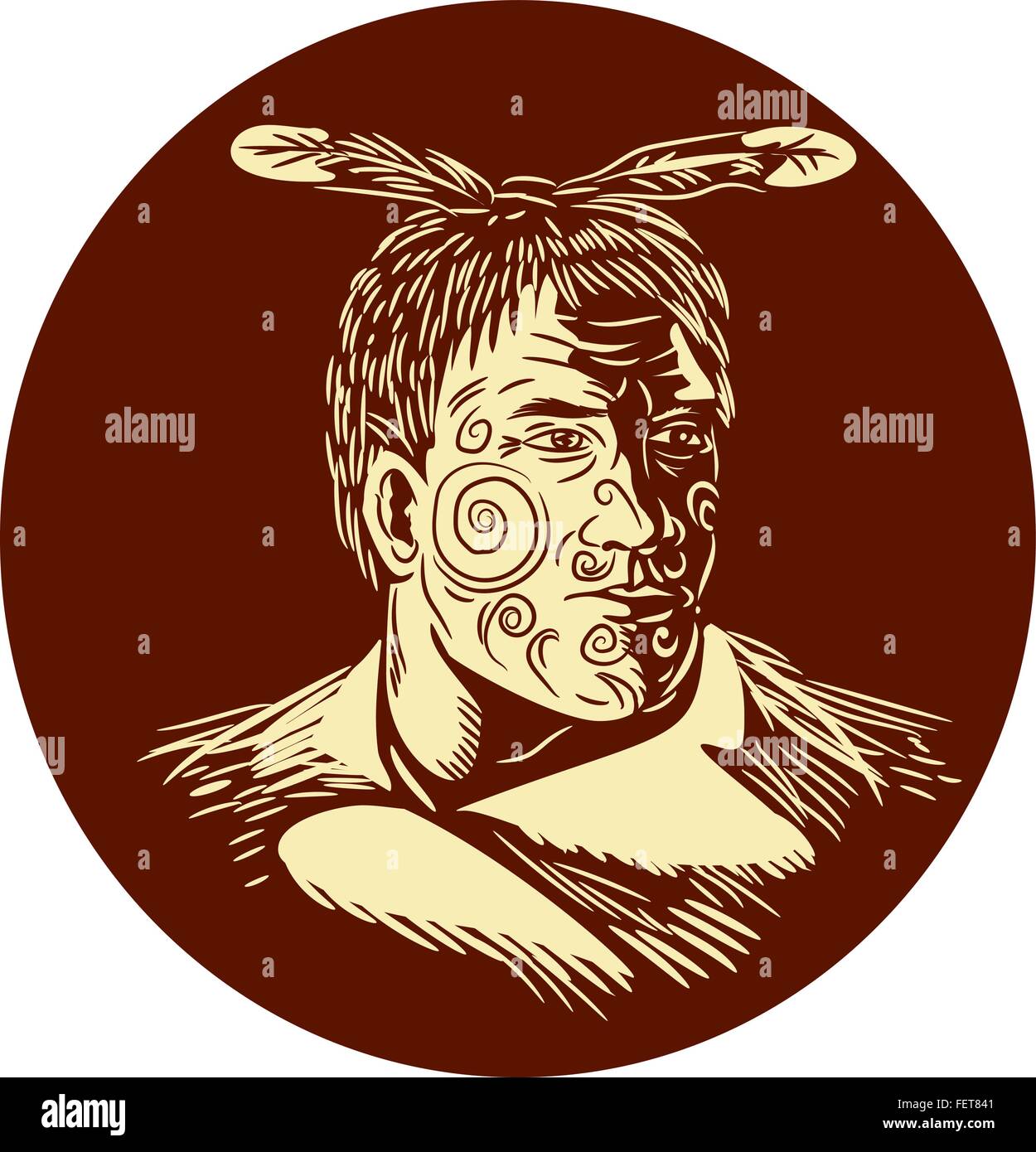 Illustration of bust of Maori chief warrior chieftain with tattoos on ...