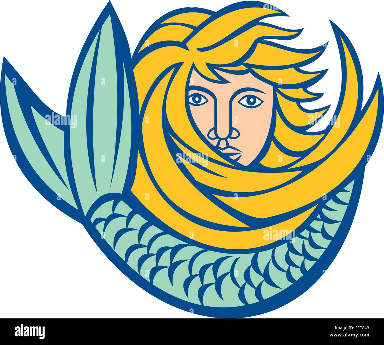 Illustration of a mermaid with flowing gold hair and tail curling in ...