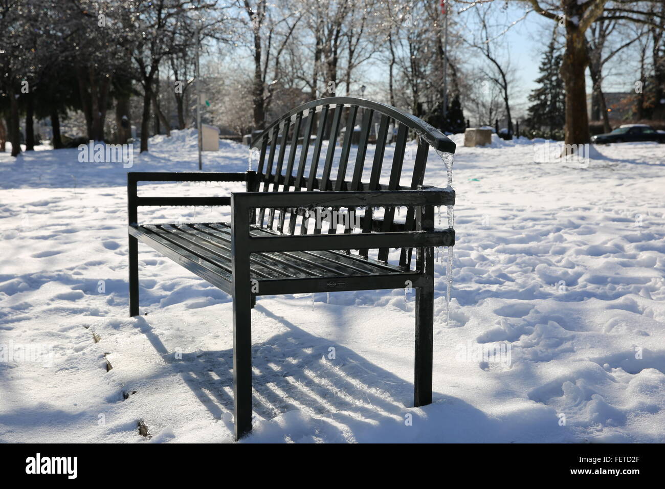 isolated ice covered bench in snow covered park Stock Photo - Alamy