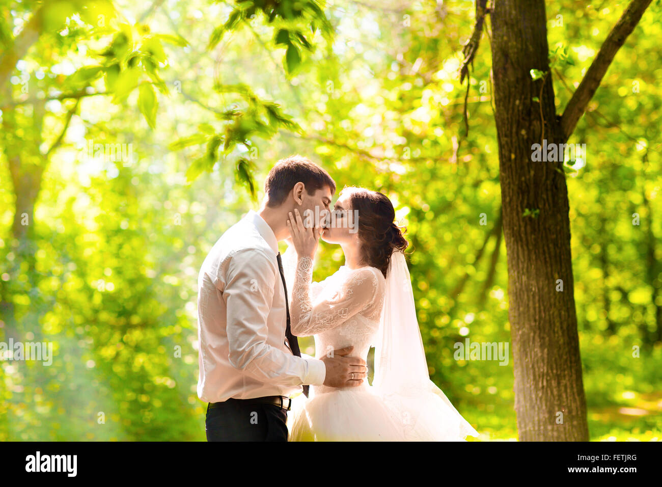 Beautiful wedding couple in park. They kiss and hug each other Stock ...