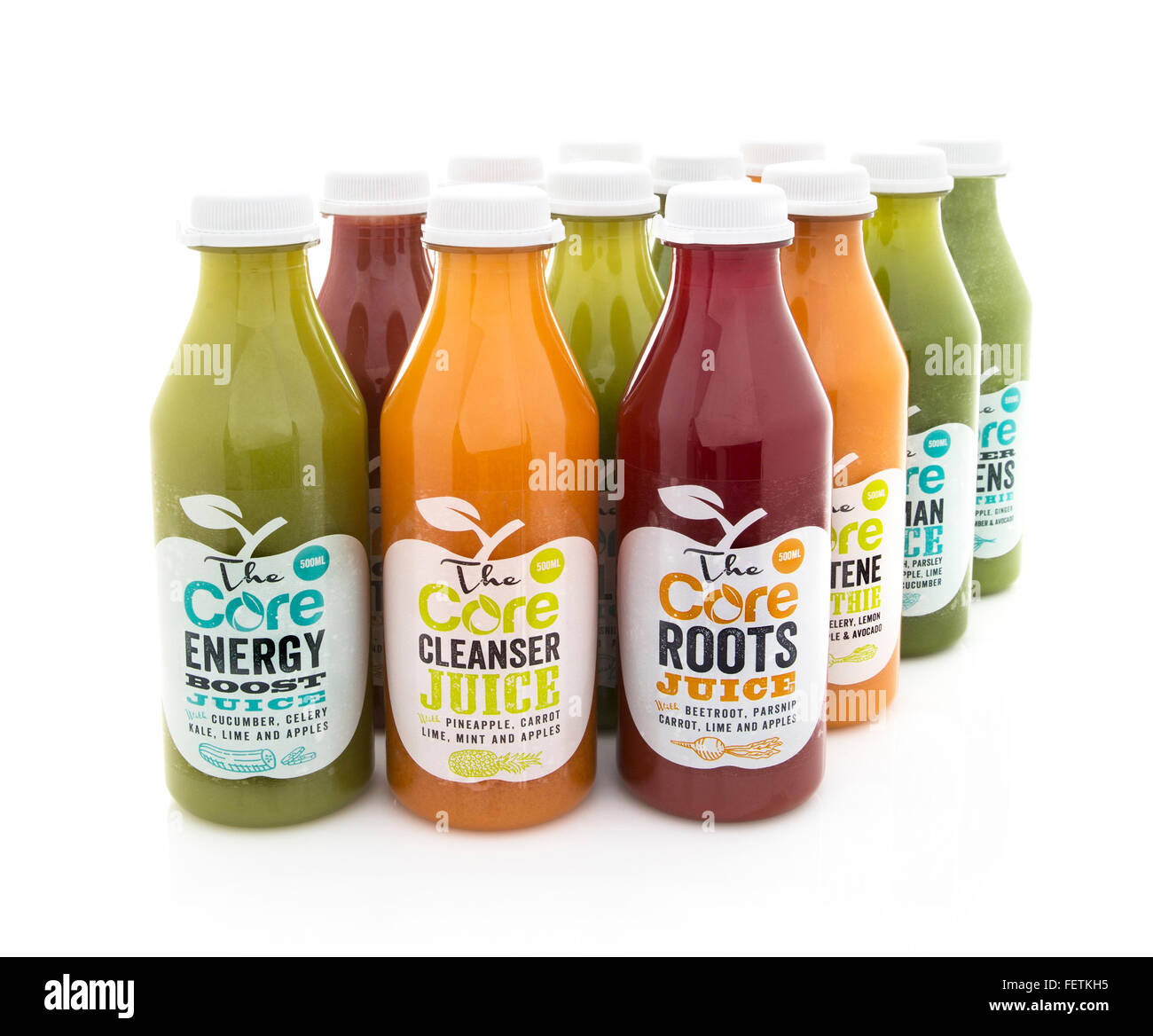 The Core Juice Bottles on a white background Stock Photo - Alamy