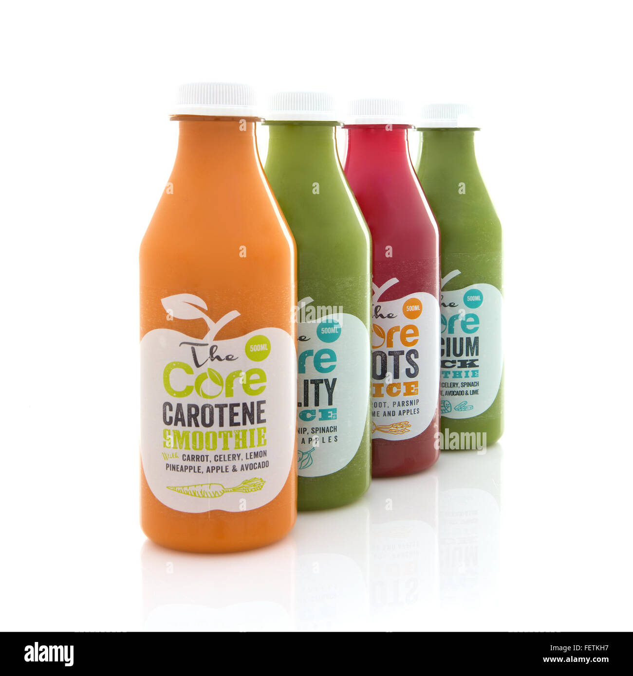 The Core Juice Bottles on a white background Stock Photo - Alamy