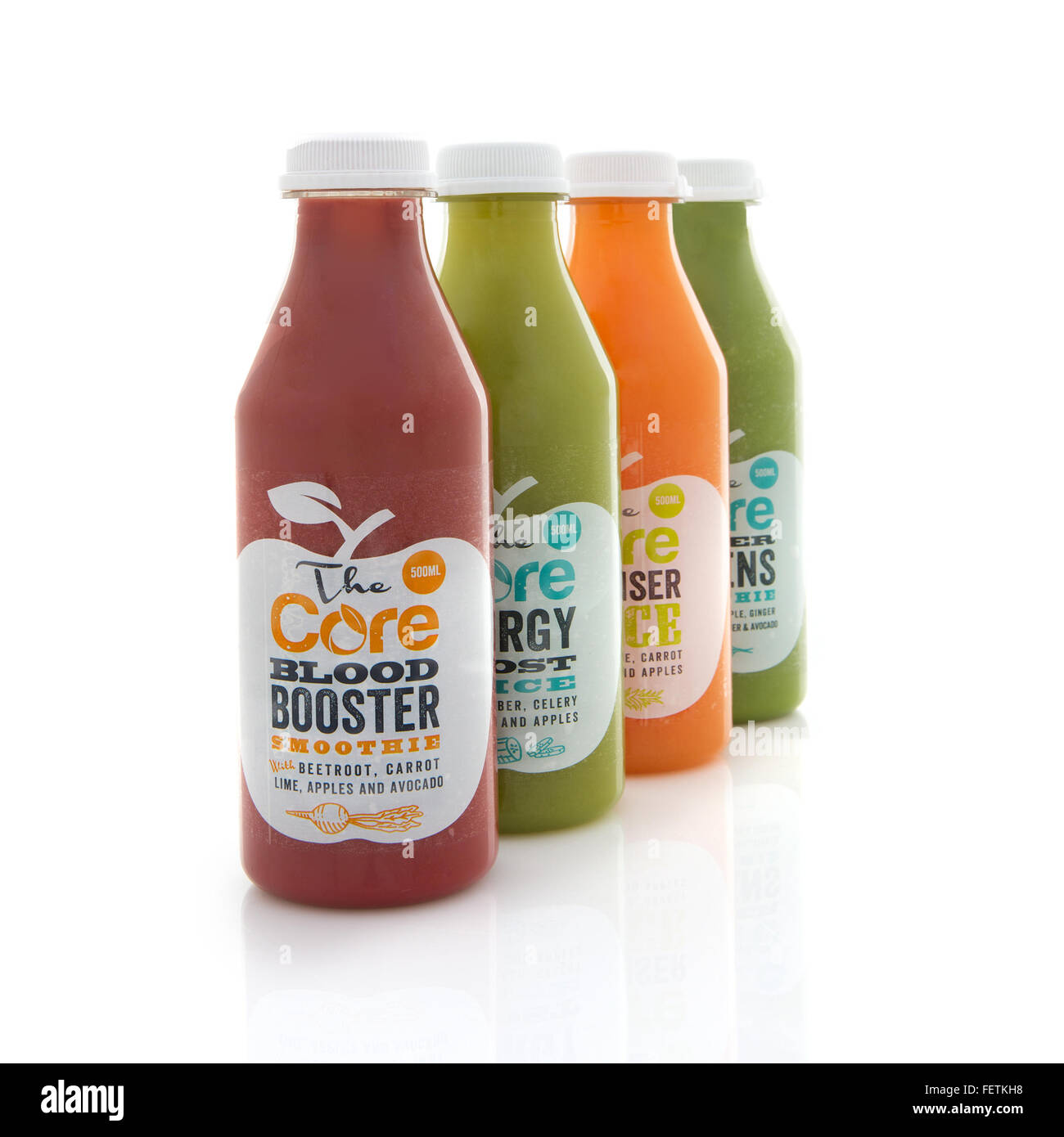 The Core Juice Bottles on a white background Stock Photo - Alamy
