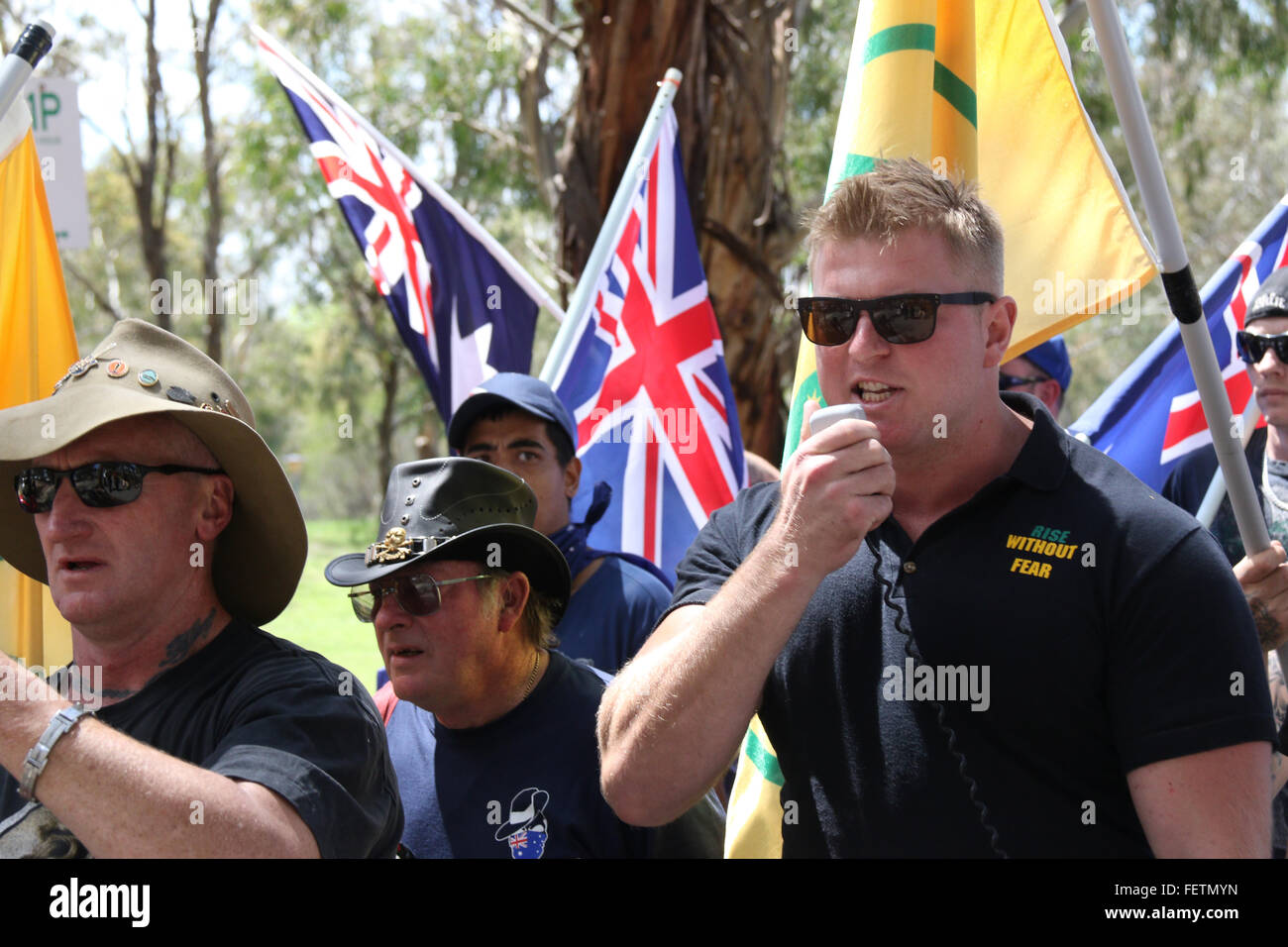 Blair Cottrell, leader of the United Patriots Front (UPF) speaks over ...