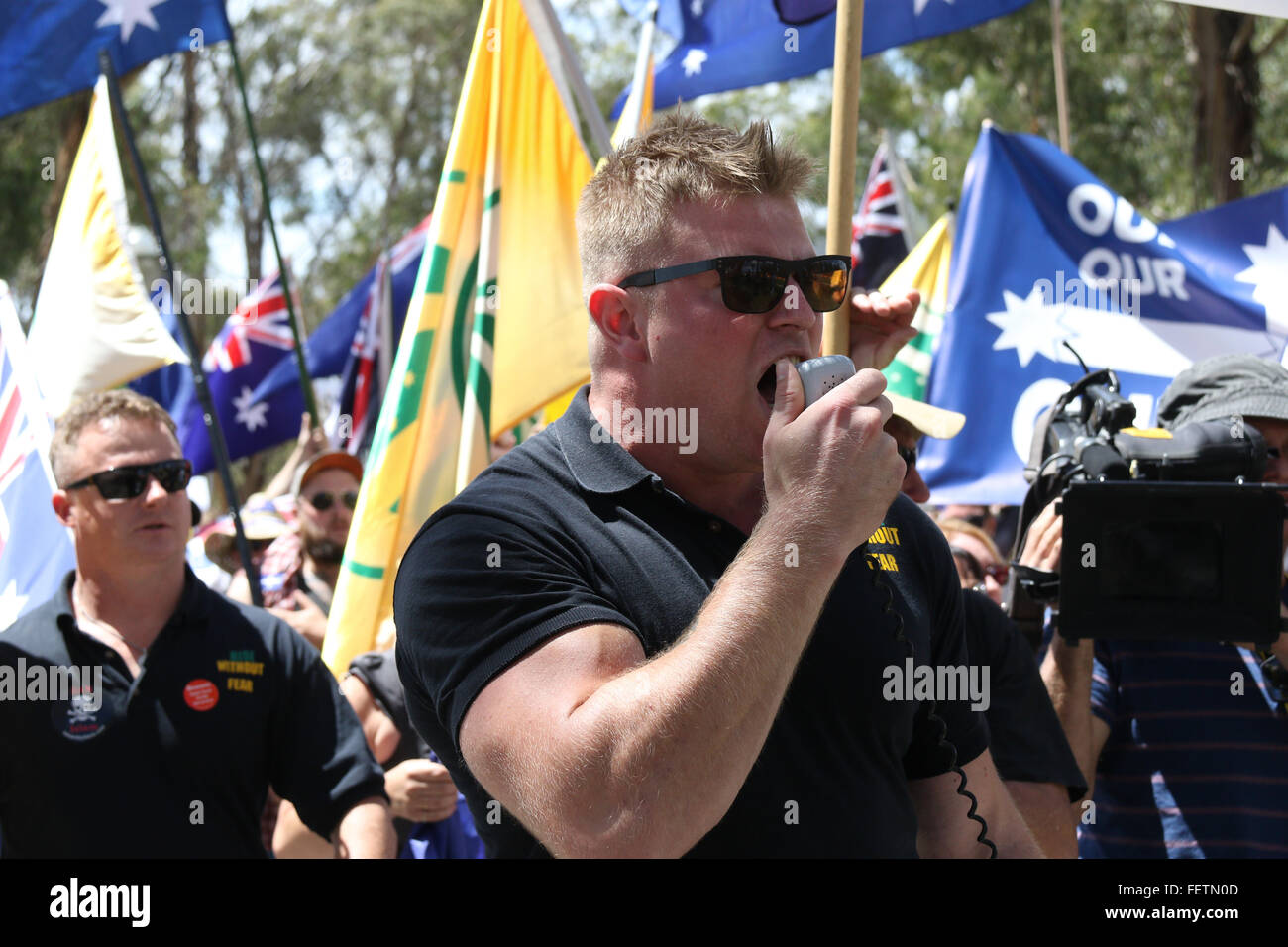 Blair Cottrell, leader of the United Patriots Front (UPF) speaks over ...