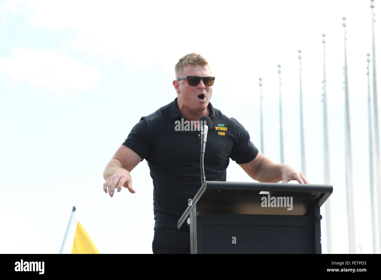 Blair Cottrell, leader of the United Patriots Front (UPF) speaks at the ...