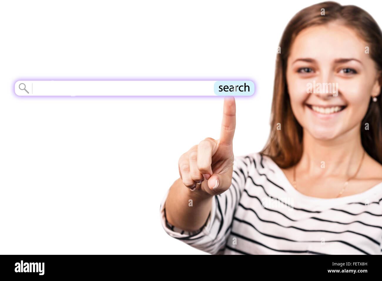 Young woman pointing on search line Stock Photo - Alamy