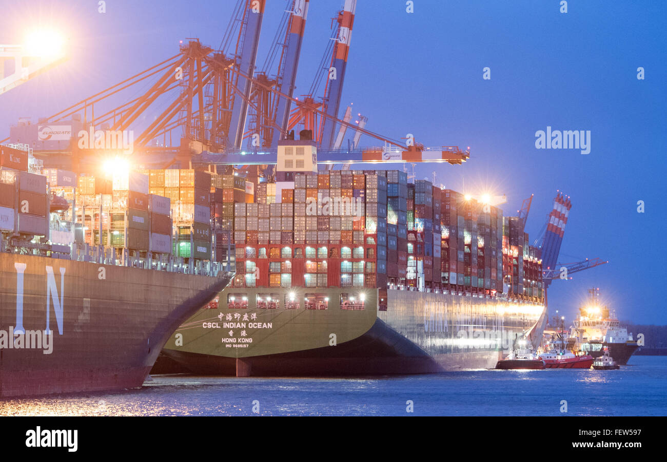 Hamburg, Germany. 9th February, 2016. Container freighter 'Indian Ocean ...