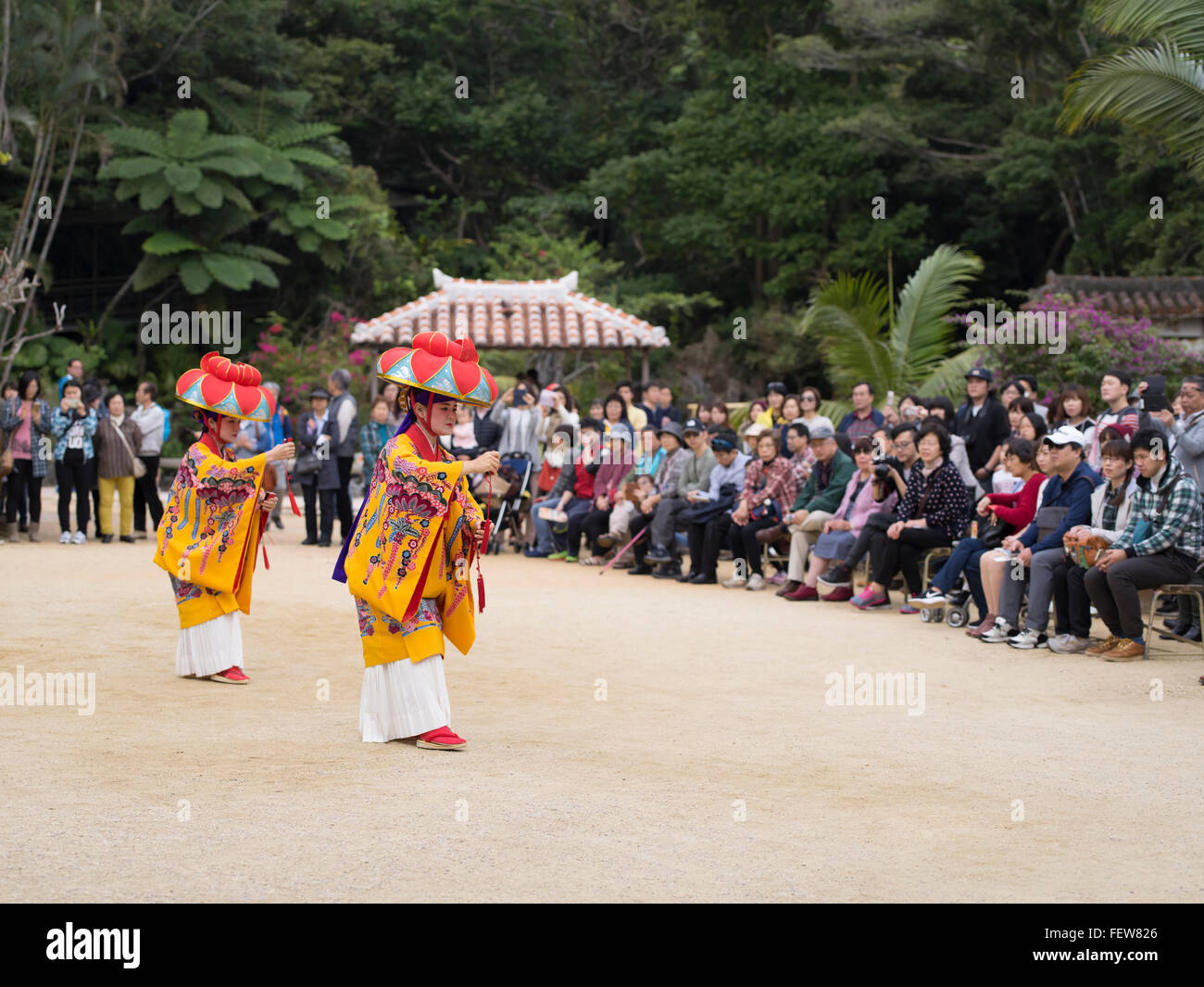 Traditional Okinawan dance with hanagasa hats performed to tourists at ...
