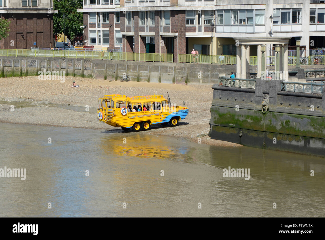 Duck Tours amphibious tourist bus leaving the River Thames on the South ...