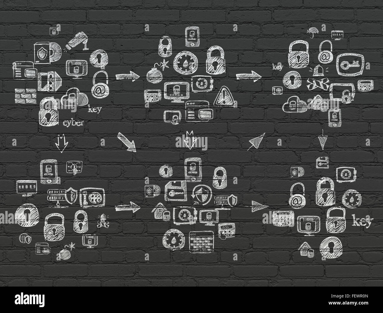 Grunge background: Black Brick wall texture with Hand Drawn Security ...