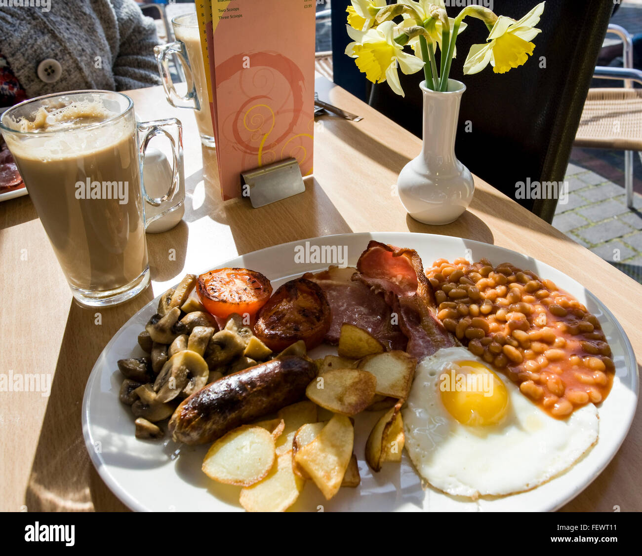 Full English breakfast and a Latte coffee Stock Photo - Alamy