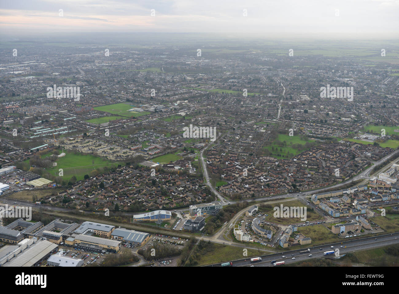An aerial view of a new housing development in Cambridge near the A14 ...