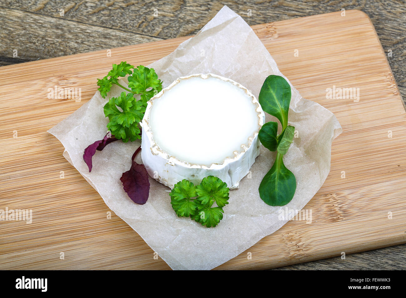 Goat cheese with white mold served parsley leaves Stock Photo - Alamy
