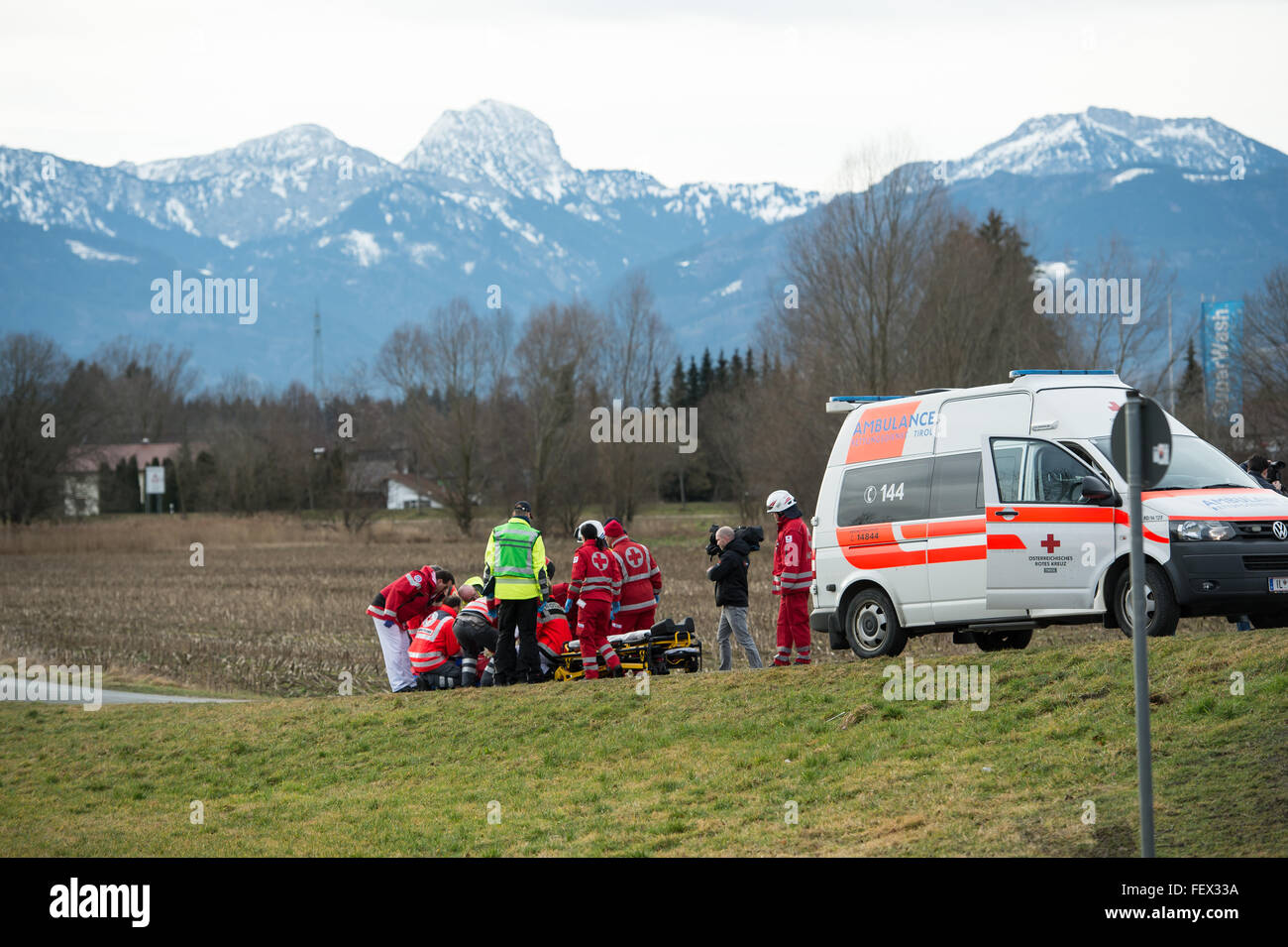 Bad Aibling, Germany. 09th Feb, 2016. Emergency vehicles are seen at ...