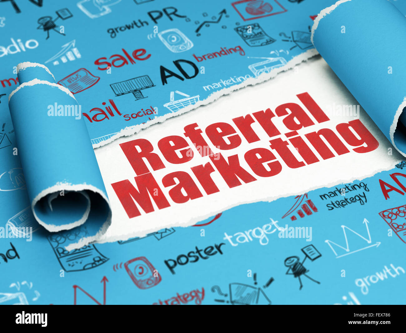 Marketing concept: red text Referral Marketing under the piece of torn ...