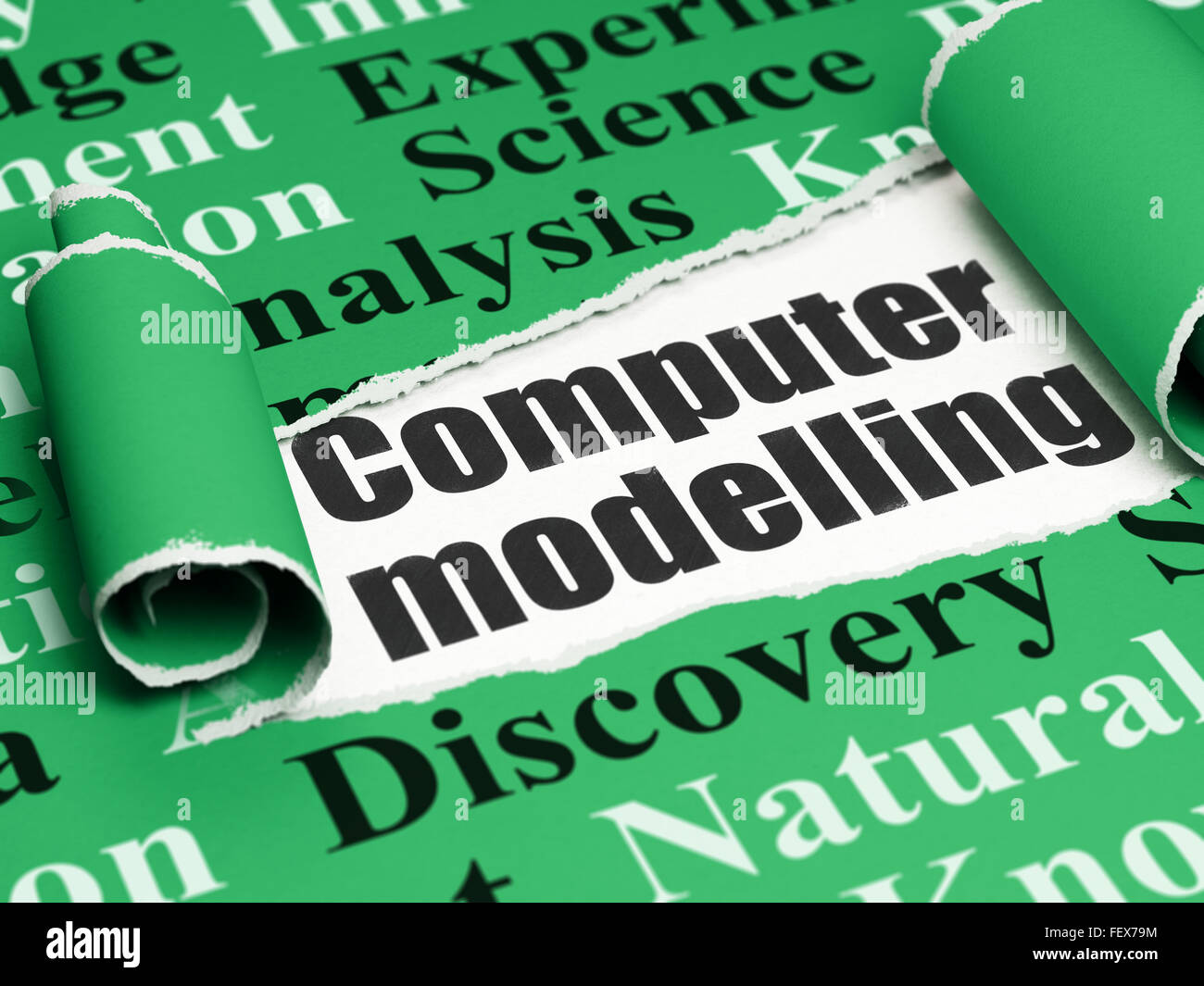 Science concept: black text Computer Modelling under the piece of torn ...