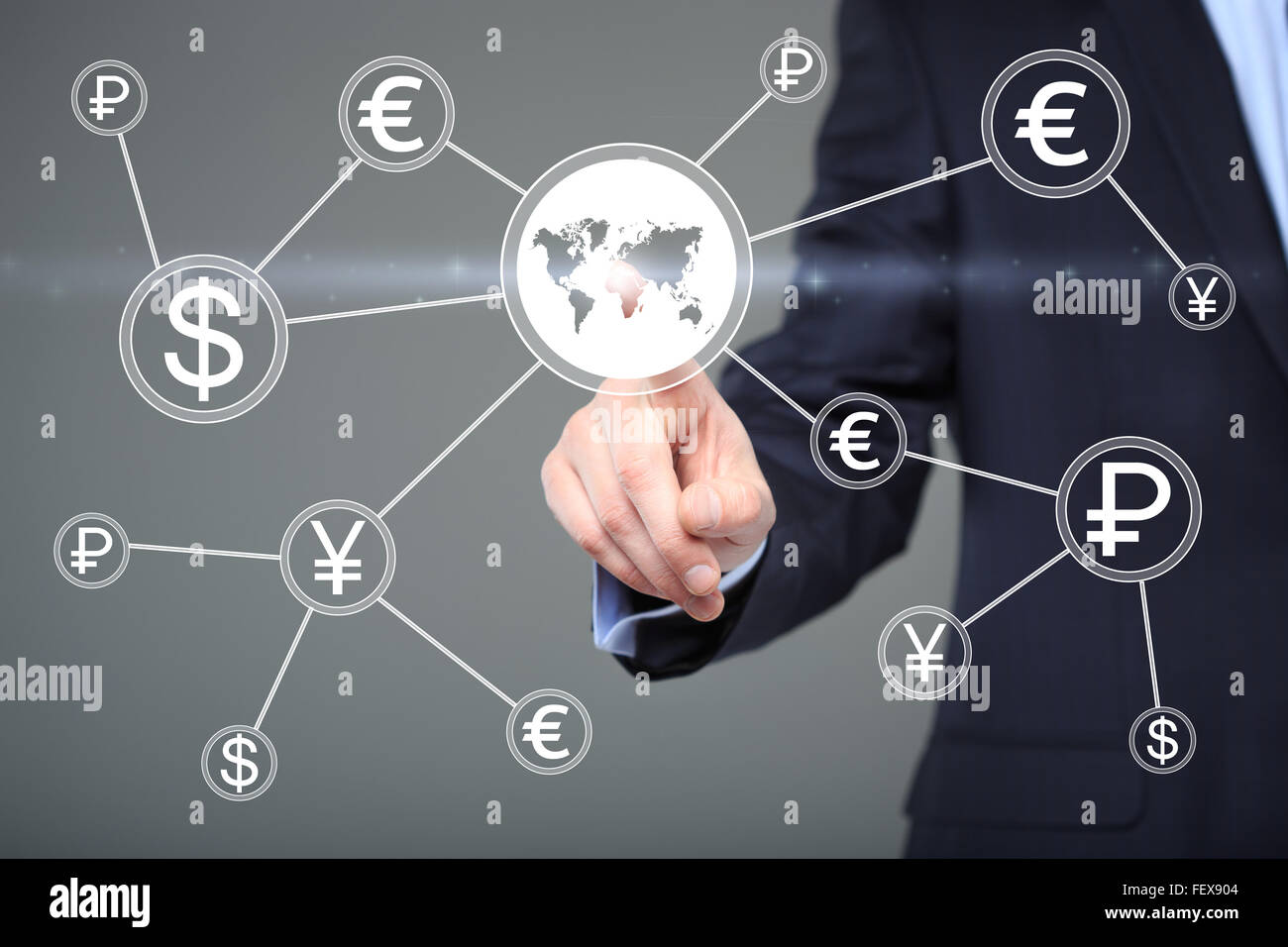 Businessman pushing button with dollar map currency web icon ...