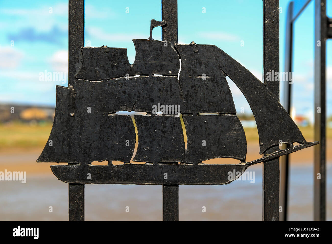 Sailing ship design on ornate railings at Connah’s Quay, Flintshire ...