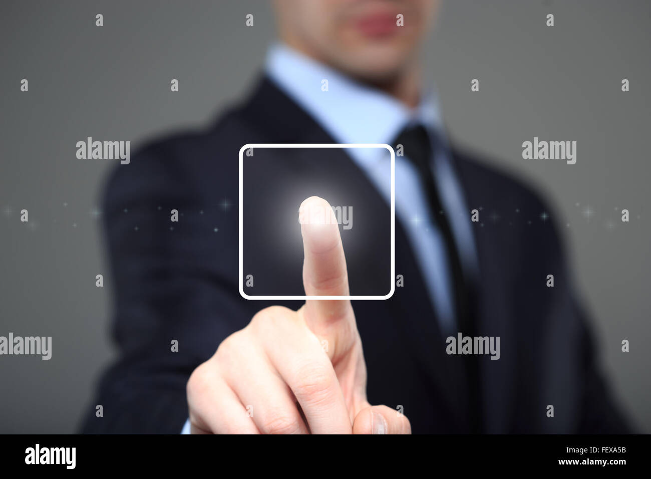 Businessman standing posture hand touching virtual screen. business ...