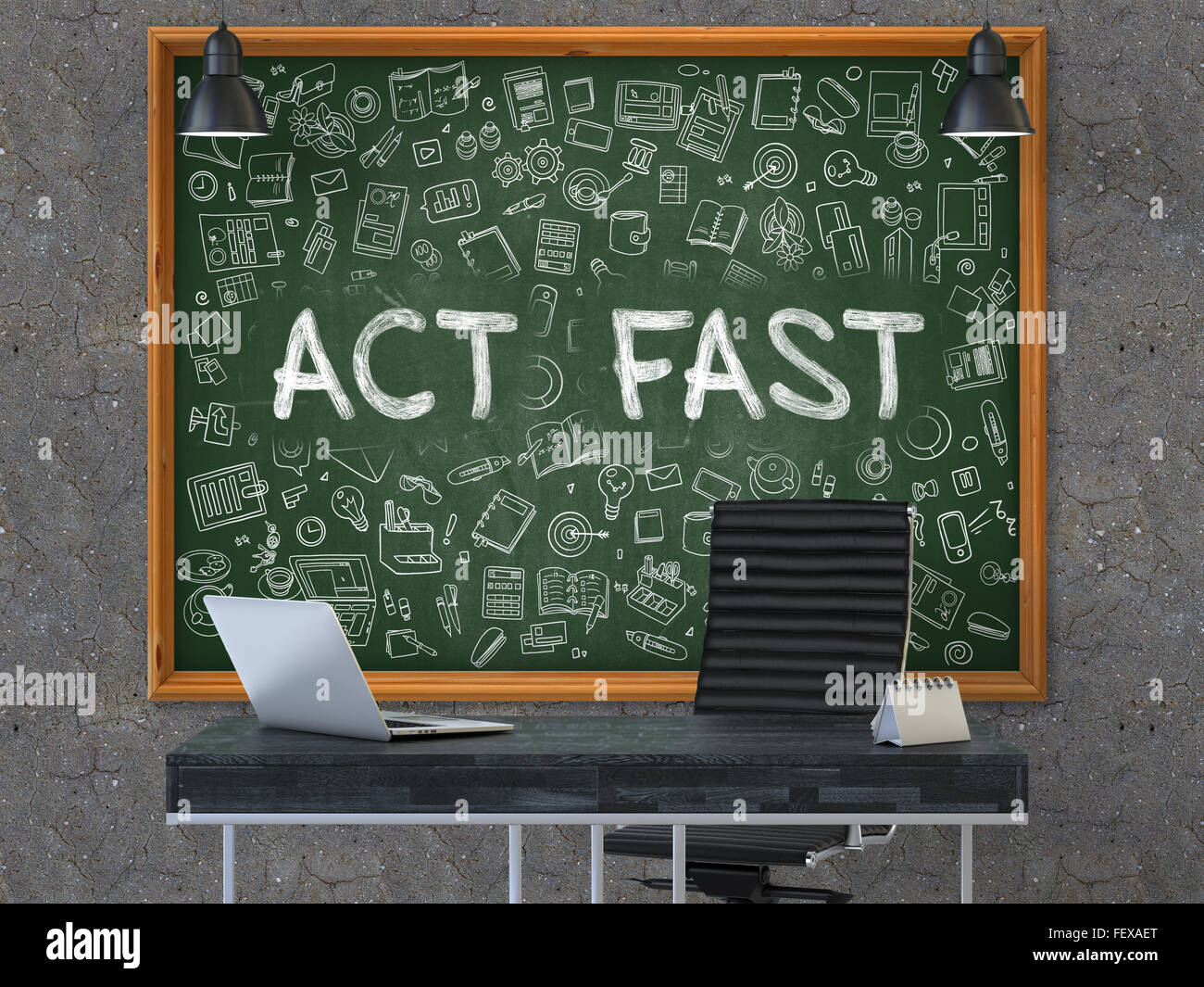 Act Fast on Chalkboard with Doodle Icons Stock Photo - Alamy